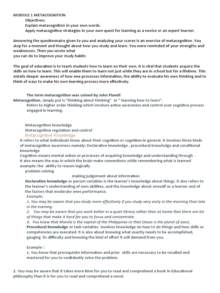 Module 1 Metacognition | PDF | Metacognition | Learning