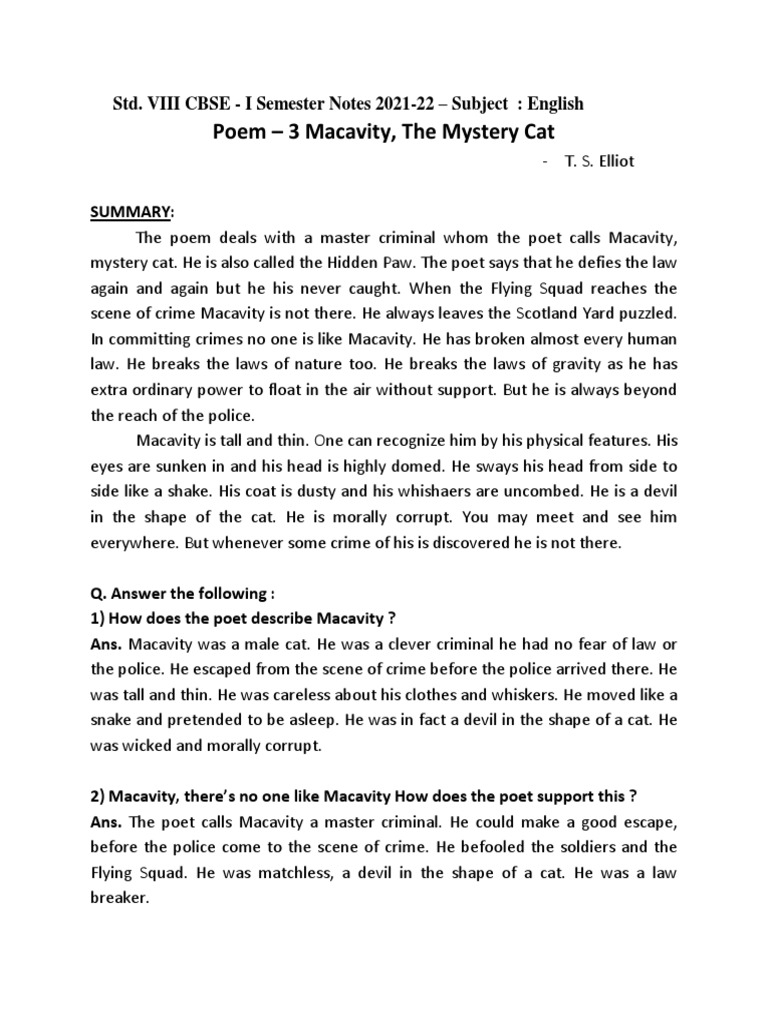 CBSE STD - VIII - English - Poem - 3 - Macavity - The Mystery CAt - 25834125 | PDF