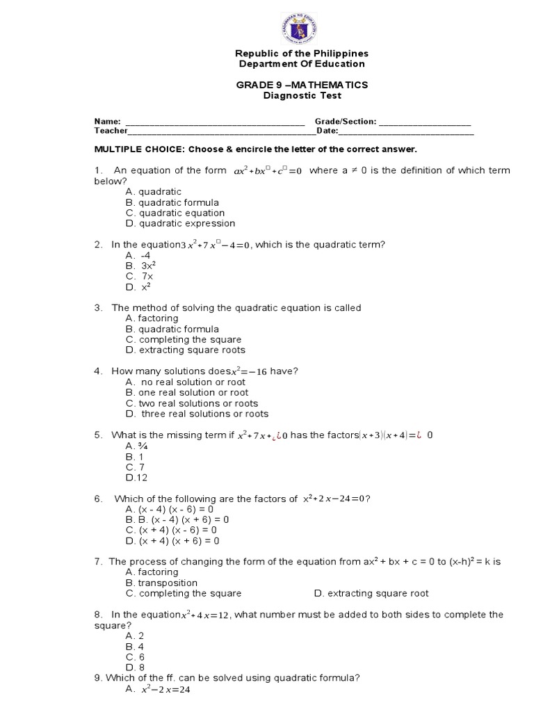 G9 Q1 Diagnostic Test | PDF | Quadratic Equation | Equations