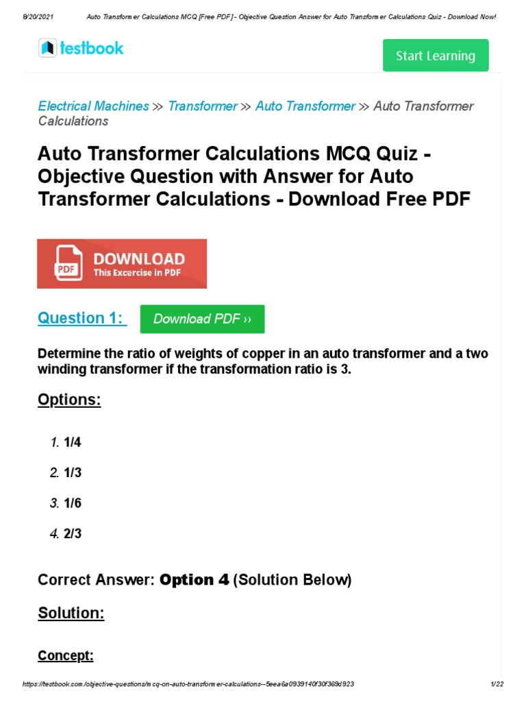 Auto Transformer Calculations MCQ (Free PDF) - Objective Question ...