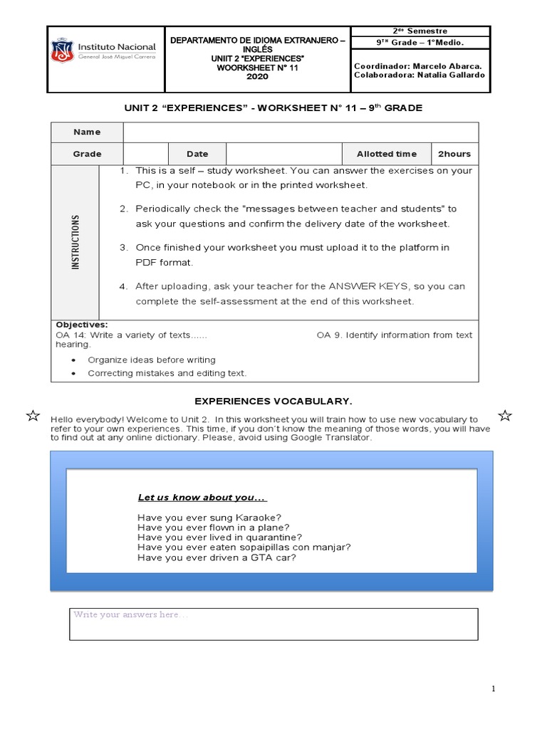 Worksheet #11 - UNIT 2 | PDF | Perfect (Grammar) | Verb