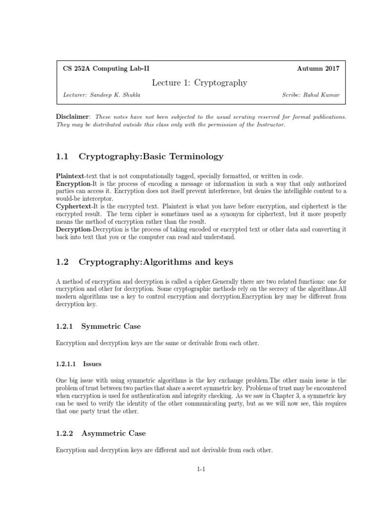 Lecture 1: Cryptography: 1.2.1 Symmetric Case | PDF | Cryptography | Public Key Cryptography