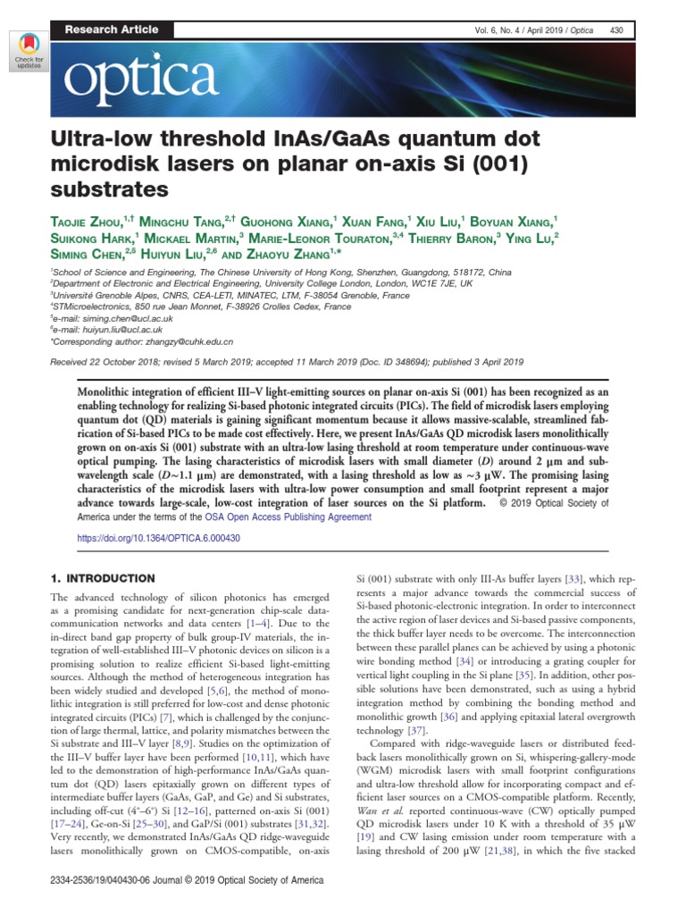 Ultra-Low Threshold InAs:GaAs Quantum Dot | PDF | Laser | Photonics
