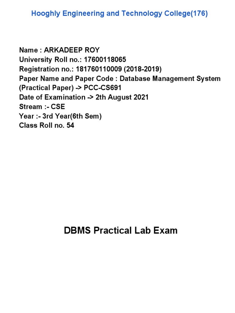 DBMS Lab Exam-Arkadeep Roy (17600118065) | PDF