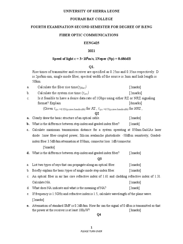 Year 4 2021-Second Semester Exams 2 | PDF | Fiber Optic Communication | Optical Fiber