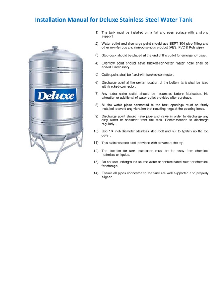 Water Tank Installation Manual | PDF | Pipe (Fluid Conveyance) | Water
