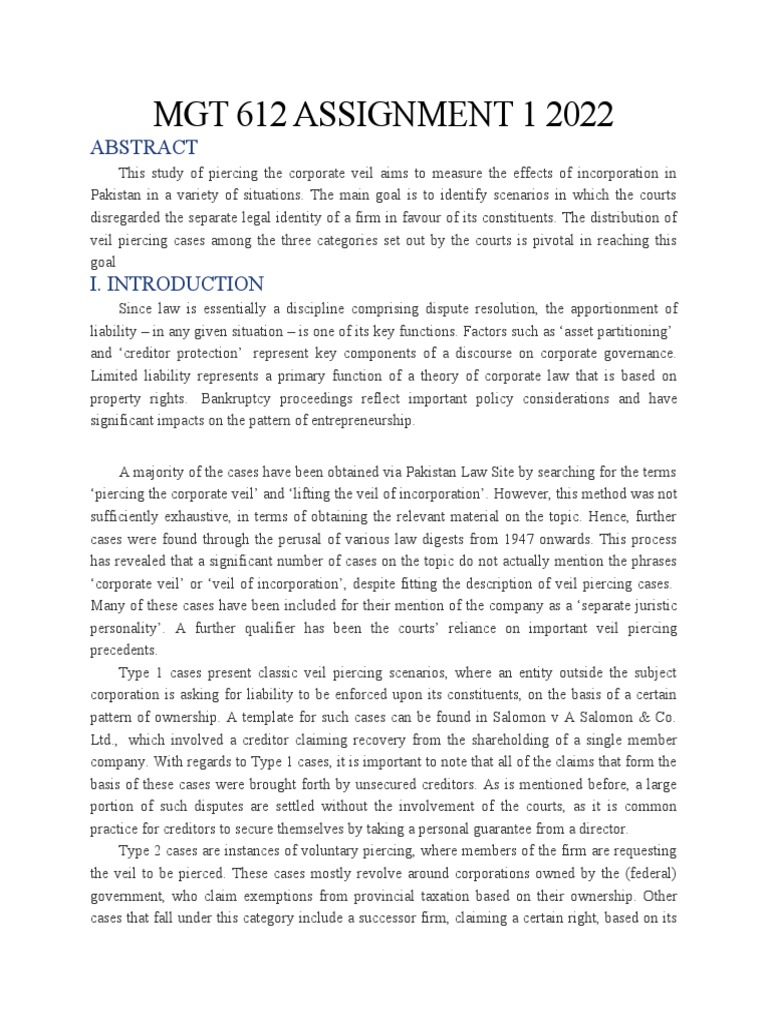 MGT 612 Assignment 1 2022 | PDF | Piercing The Corporate Veil | Legal Liability
