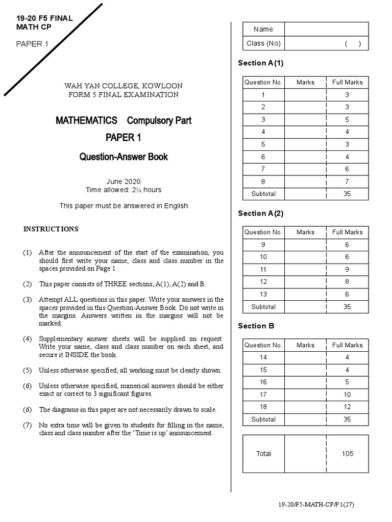 F5 P1 Final 1920 | PDF | Mathematical Concepts | Mathematical Objects