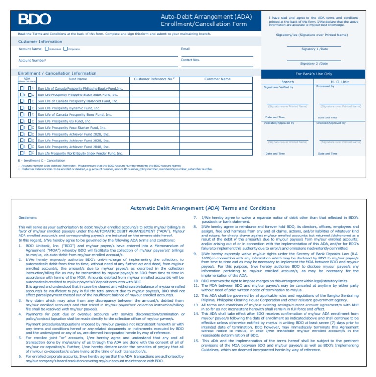 BDO Auto-Debit Arrangement Form | PDF | Payments | Debits And Credits