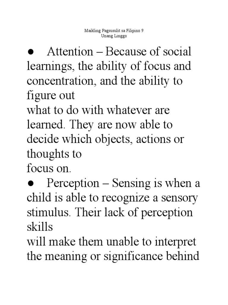 Week 1 Maikling Pagsusulit sa Filipino 9 | PDF | Perception | Sociology