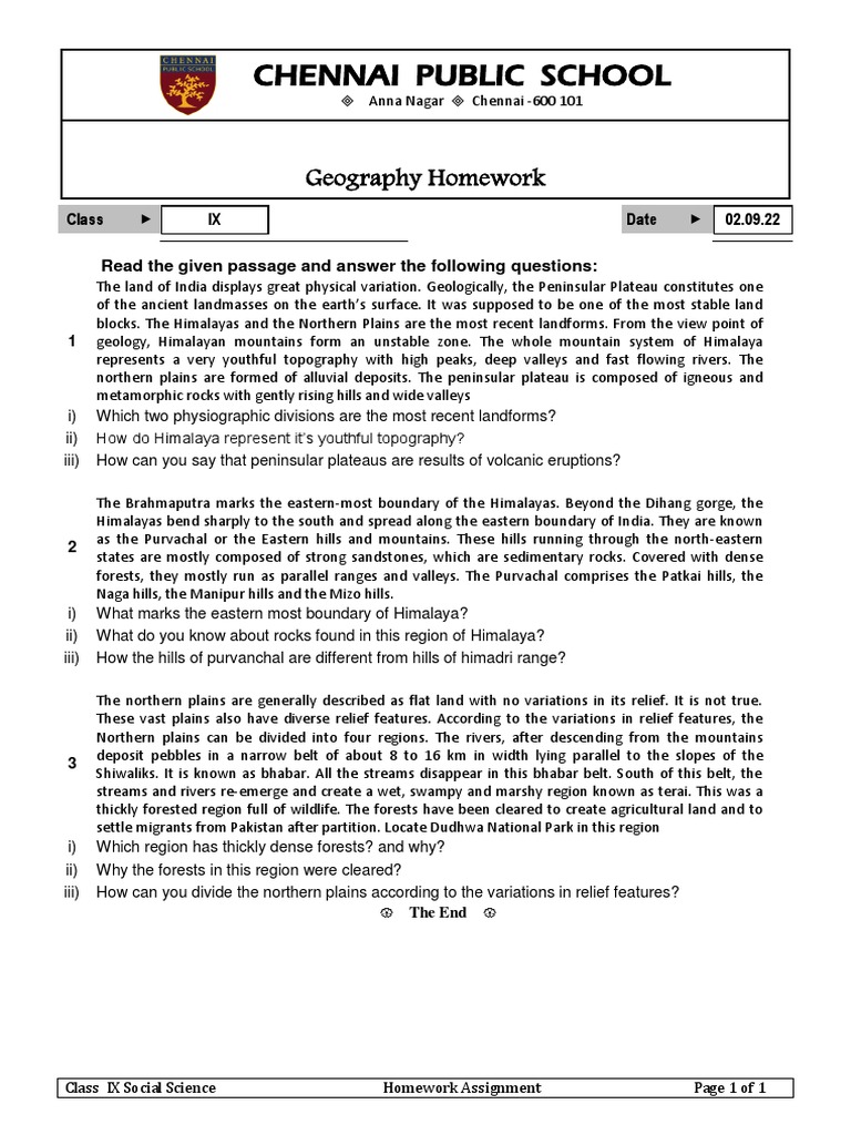 Chennai Public School: Geography Homework | PDF | Himalayas | Plateau