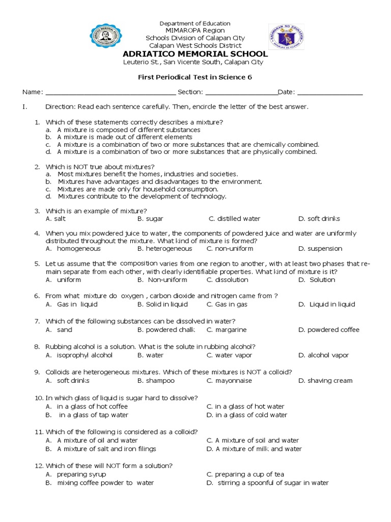 Science Quiz for Grade 6 Students | PDF | Mixture | Filtration