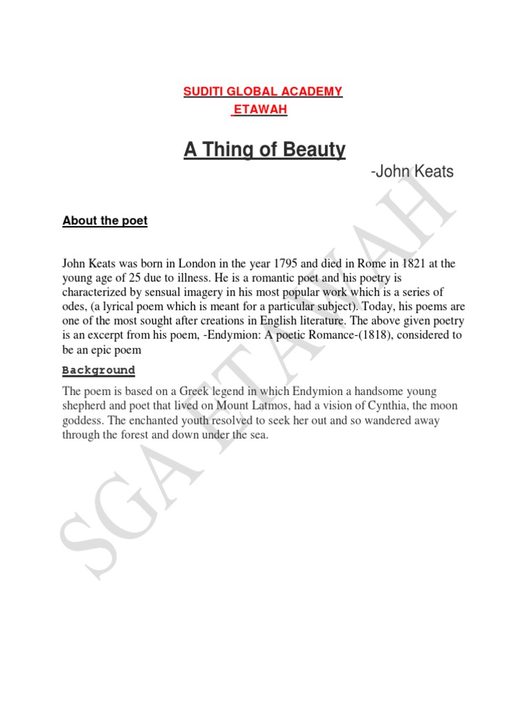 A Thing of Beauty (English Core) Class 12 TERM II SGA | Descargar ...