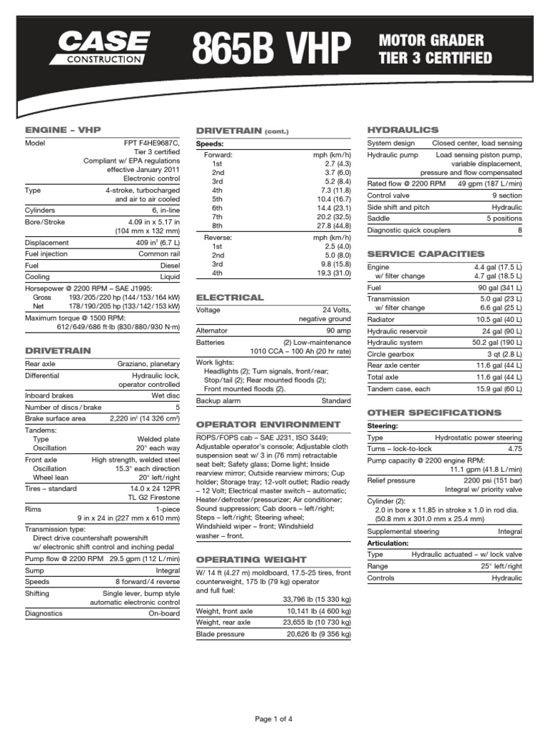 Motor Graders 865B Specs | PDF | Horsepower | Automotive Technologies