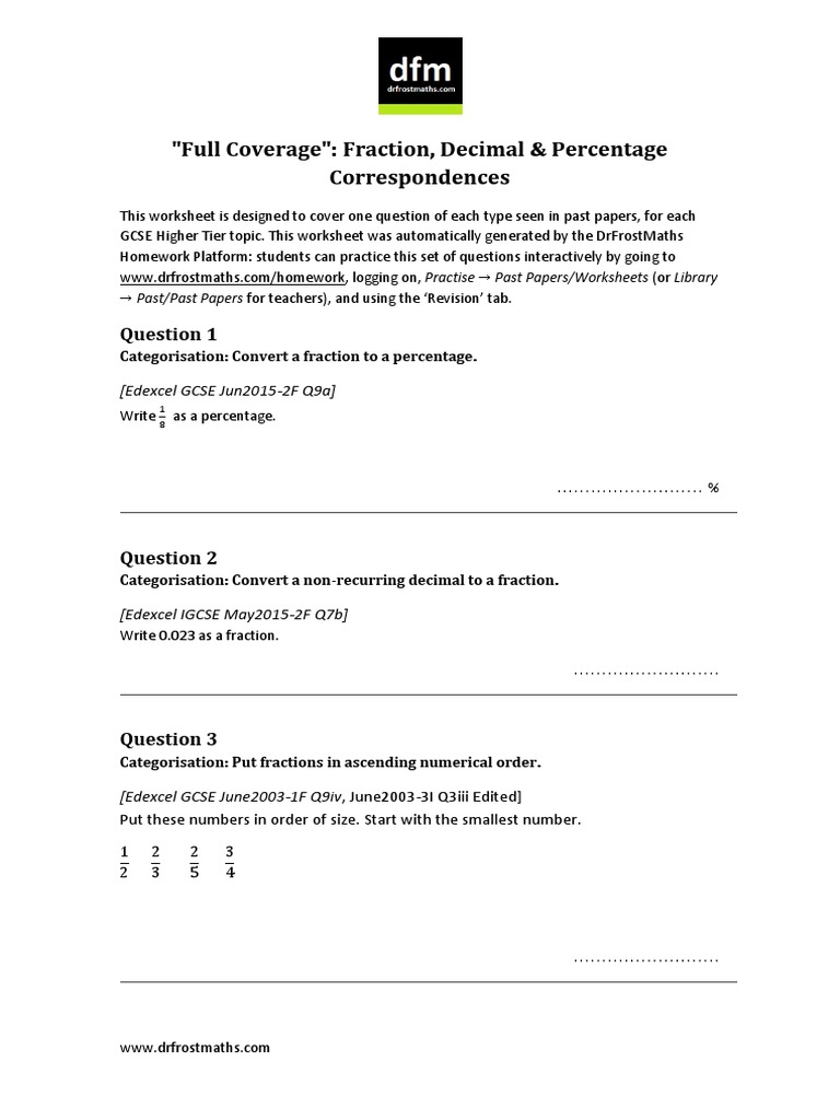 "Full Coverage": Fraction, Decimal & Percentage Correspondences | PDF ...