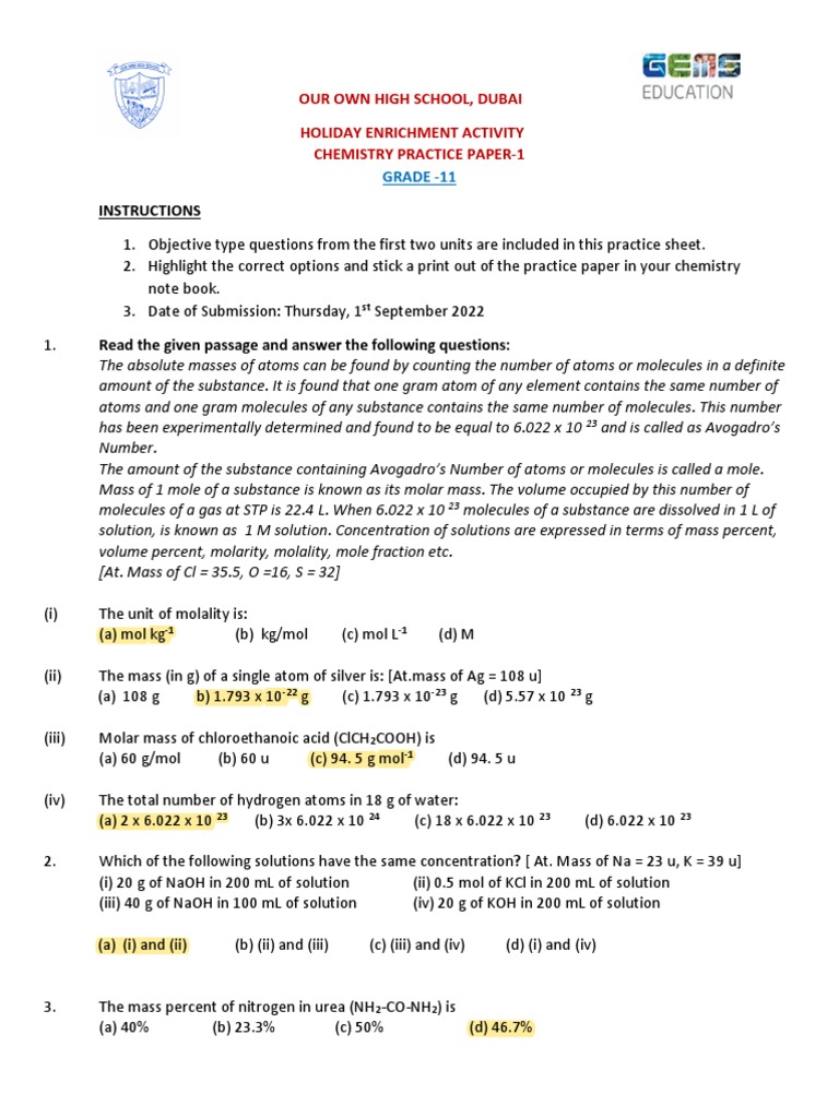 Chemistry Holiday Activity | PDF | Mole (Unit) | Physical Chemistry