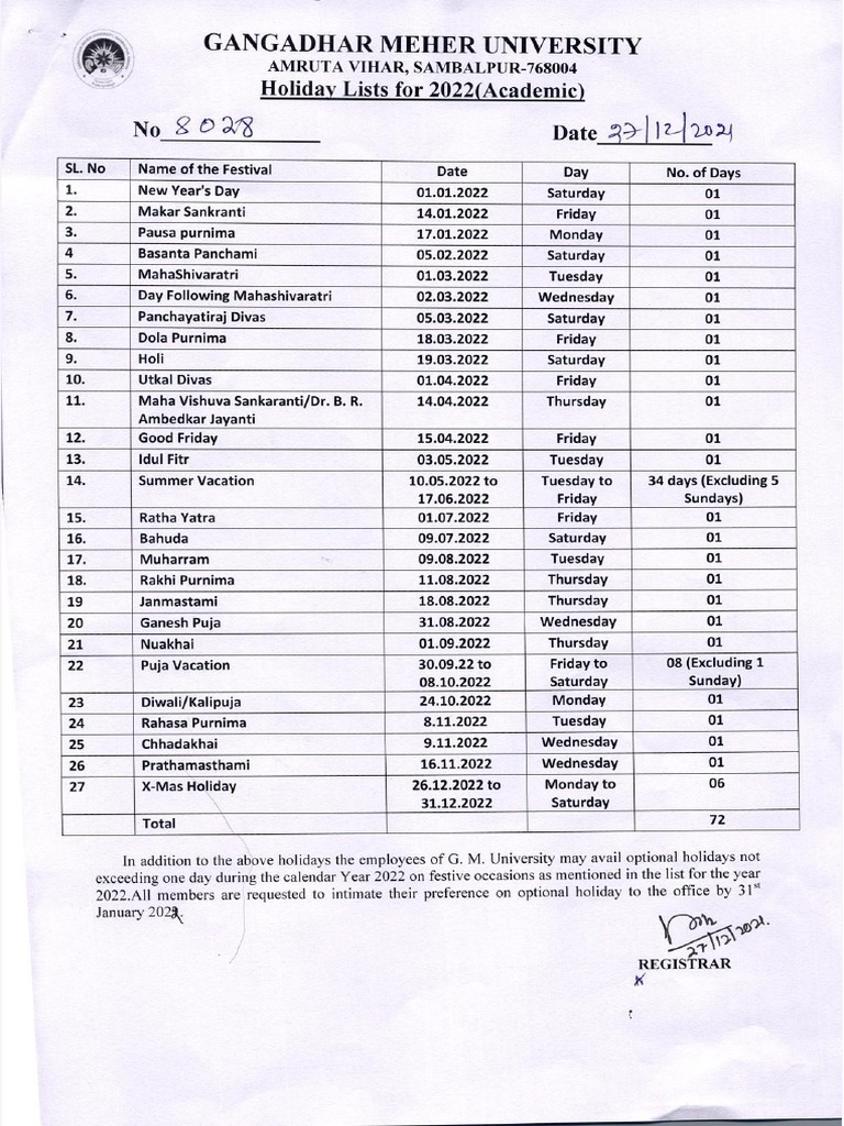 Academic Holiday List | PDF