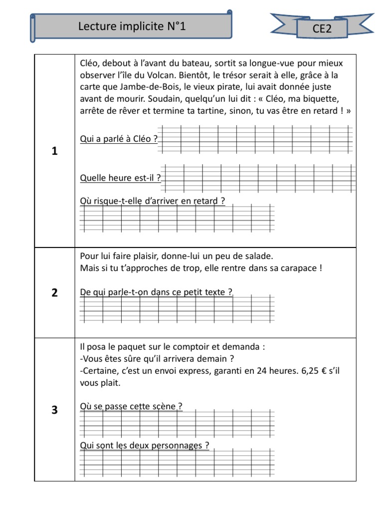 Lecture implicite CE2 : Exercices et textes | PDF