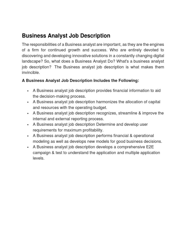 Business Analyst Job Description | PDF | Intelligence Analysis ...