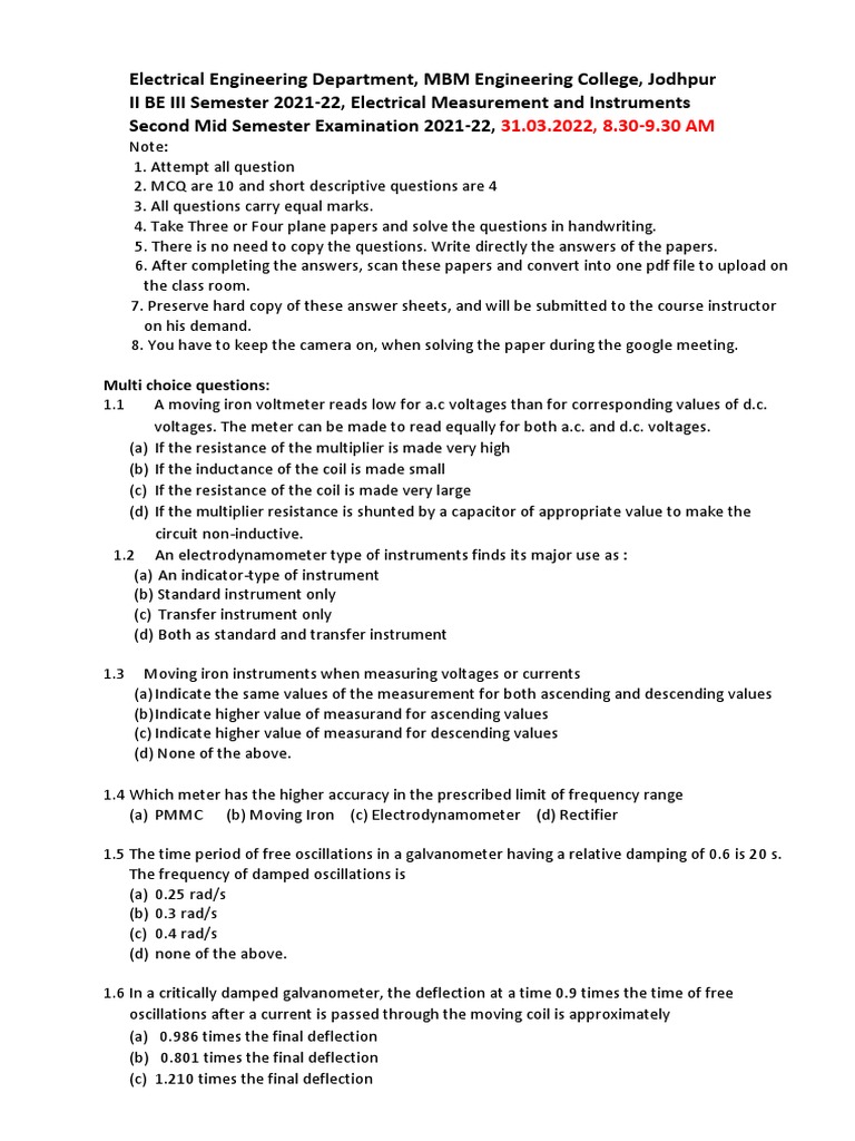 II Mid Term EMI Paper 21-22 | PDF | Voltage | Damping