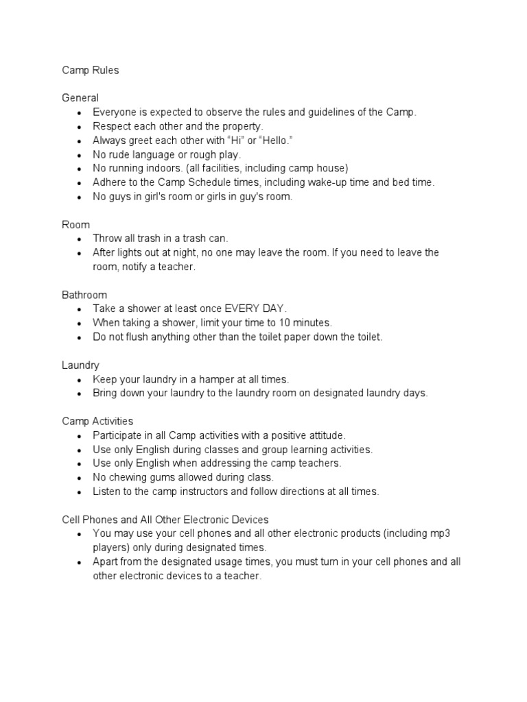 Summer Camp Rules | PDF | Wellness
