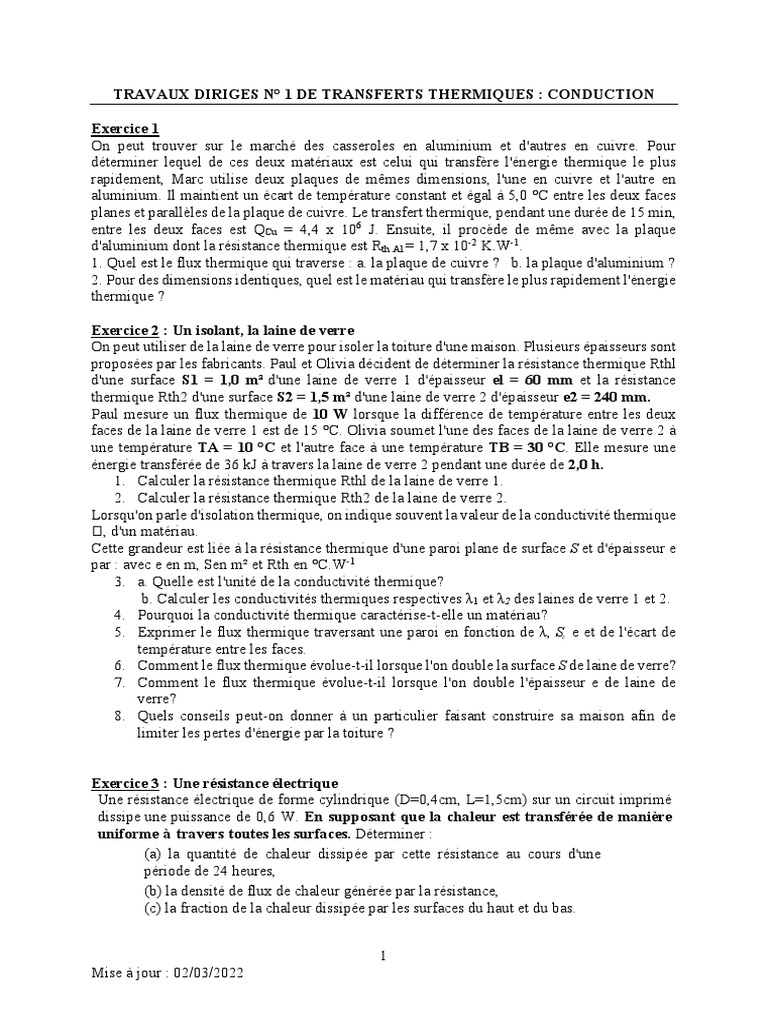 TD1 - Transferts Thermiques - VF - Mars 2022 | PDF | Conductivité thermique | Transfert thermique