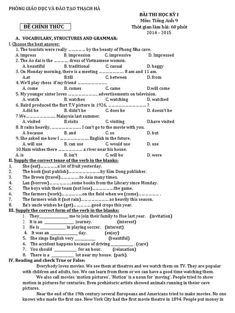De Thi HKI Tieng Anh 9 | PDF