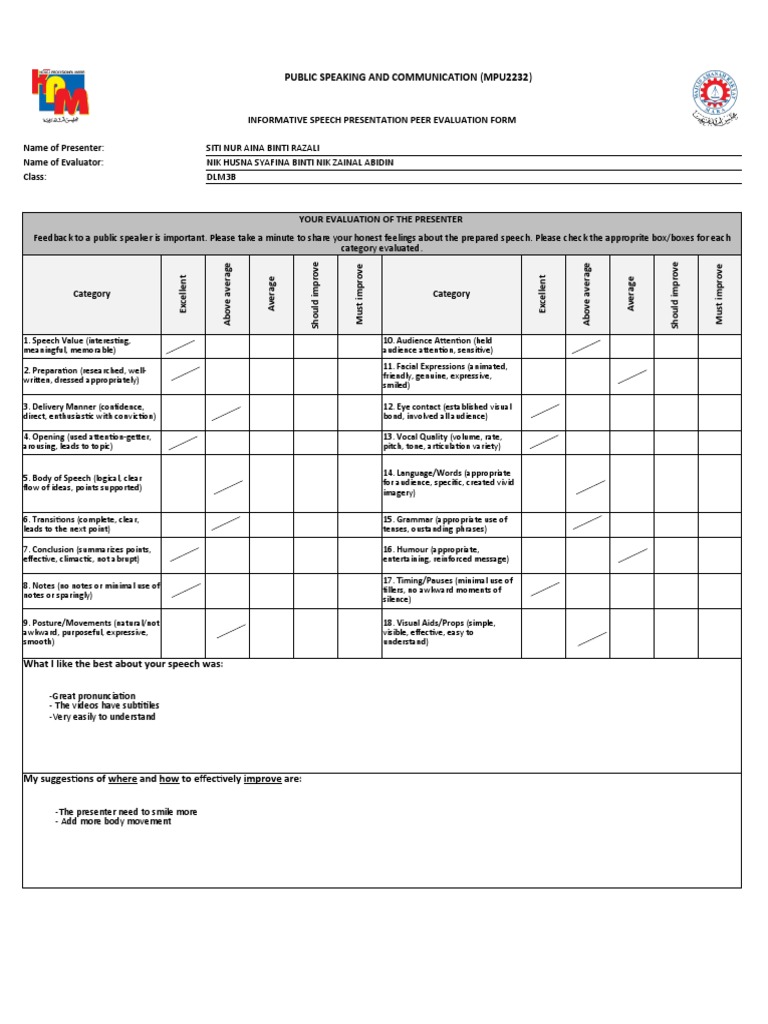 Speech Feedback Peer Evaluation For Siti Nur Aina | PDF | Public ...