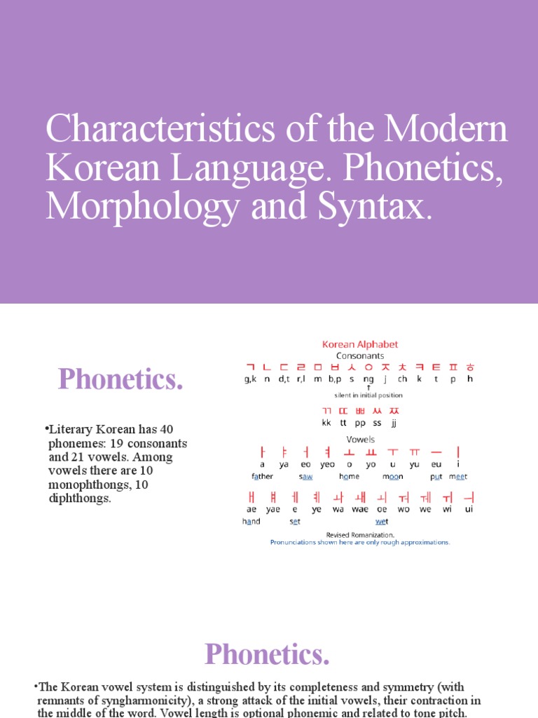 Characteristics of The Modern Korean Language. Phonetics, Morphology and Syntax. | PDF ...