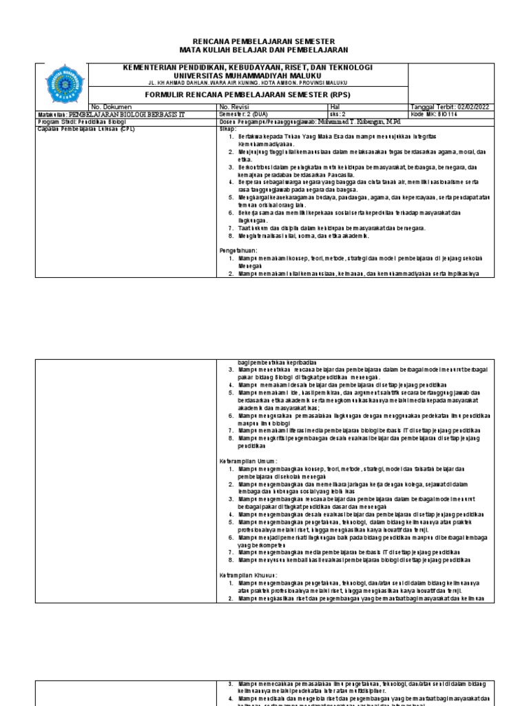 RPS It Pembelajaran Biologi Edit | PDF | Seni
