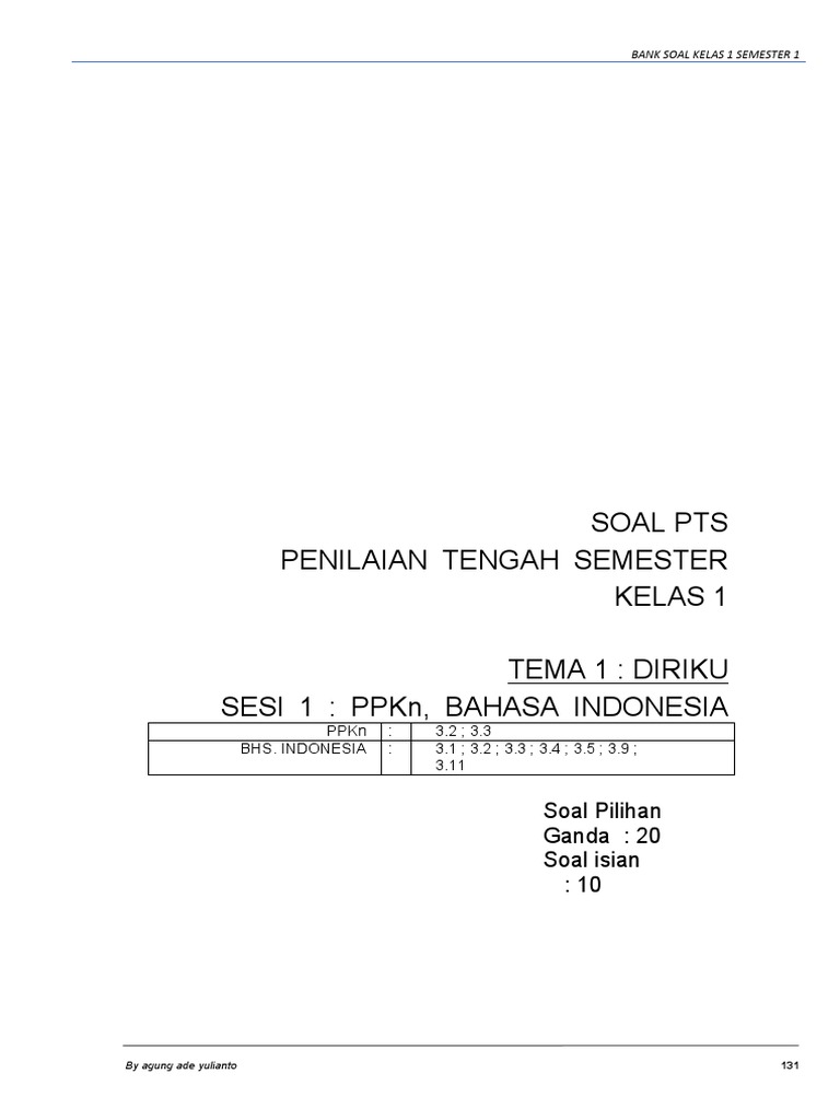 Soal PTS Kelas 1 Tema Diriku | PDF