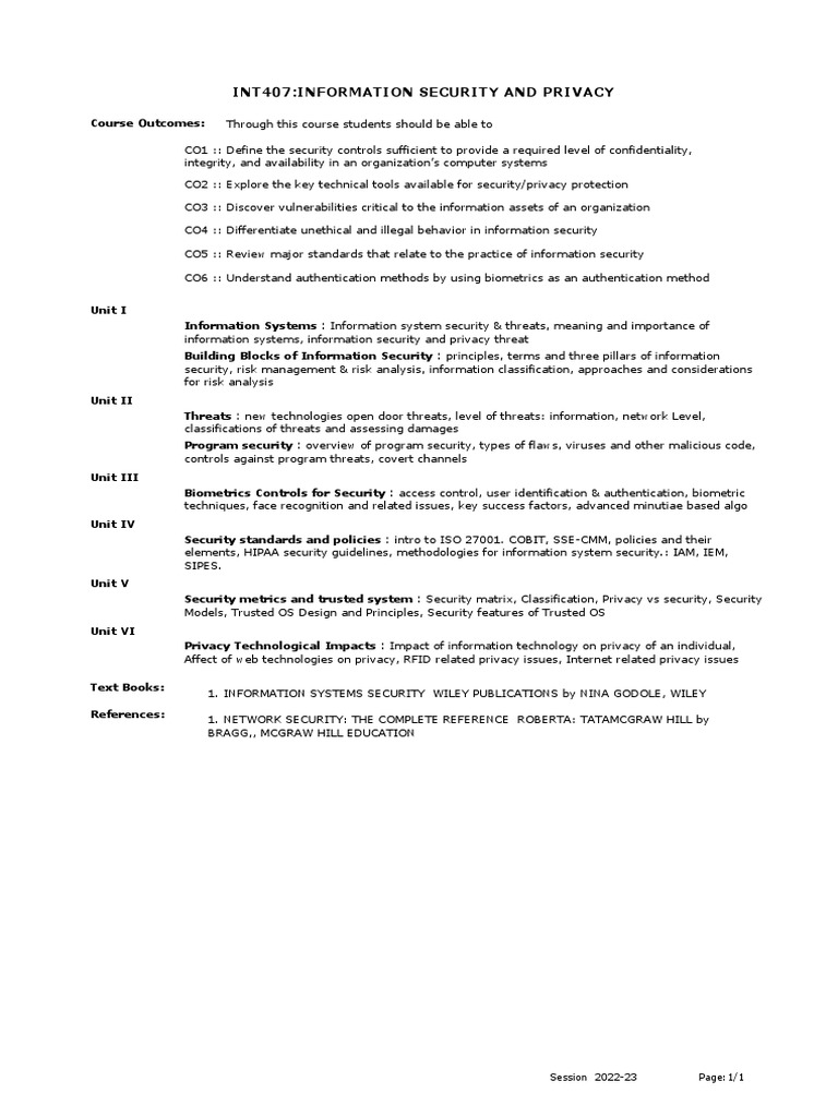 Information Security Privacy Syllabus | PDF | Information Security | Security