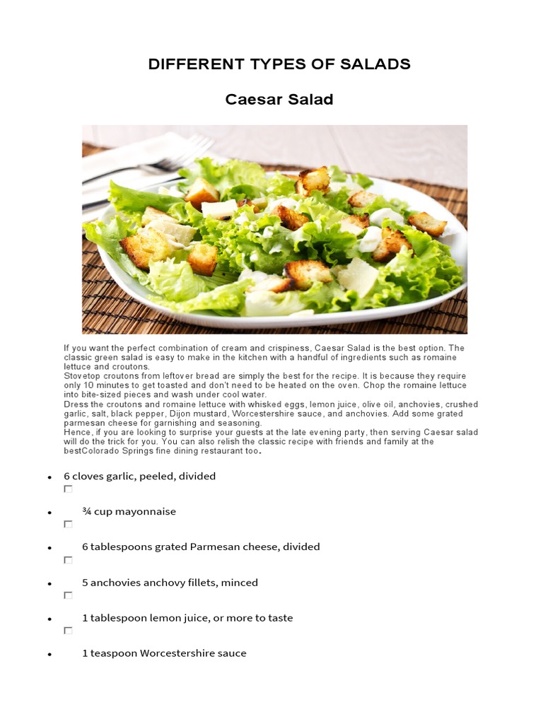 Types of Salads and Recipes | PDF | Salad | Mustard (Condiment)