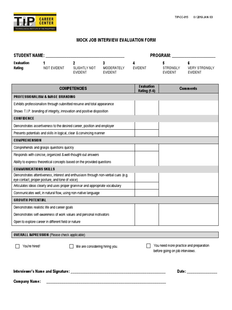 Mock Job Interview Evaluation Form | PDF | Job Interview | Human ...