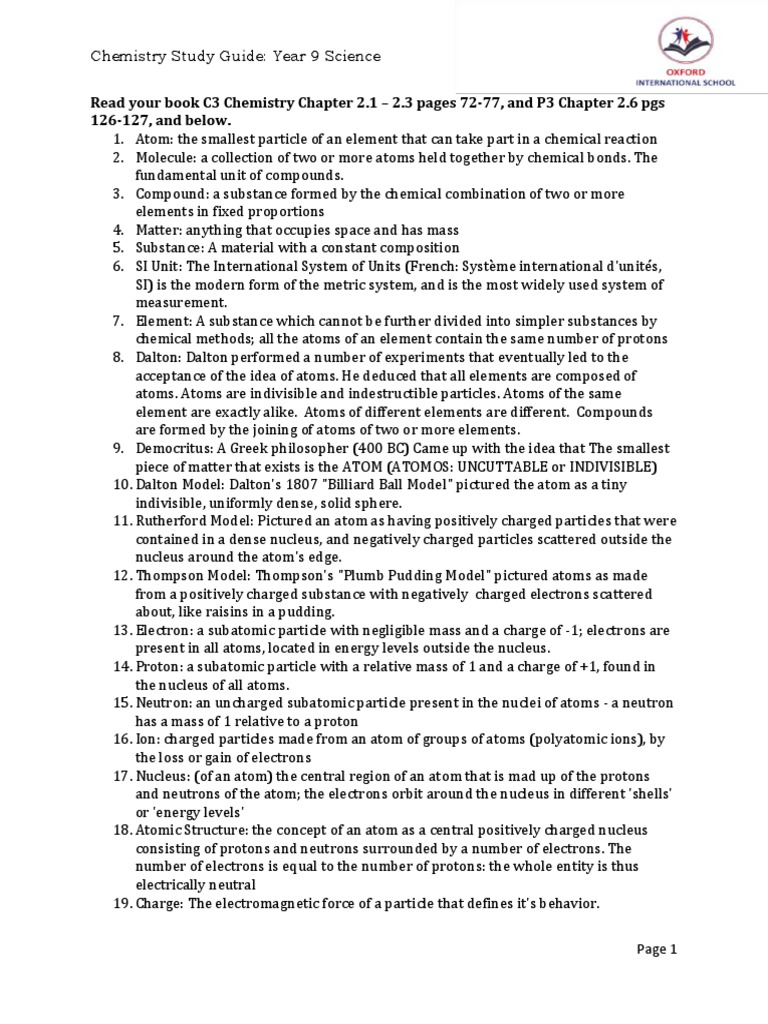 Year 9 Study Guide Chemistry | PDF | Mole (Unit) | Atomic Nucleus