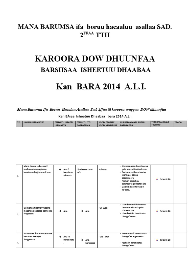 Karoora Dow Dhuunfaa Kan BARA 2014 A.L.I.: MANA BARUMSA Ifa Boruu Hacaaluu Asallaa SAD. 2 Ttii | PDF