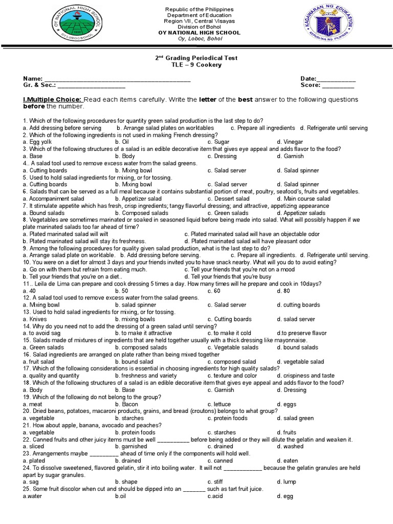 2nd Grading Periodical Test A | PDF | Salad | Foods
