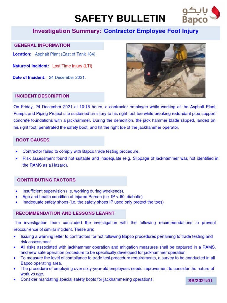 Safety Bulletin - Contractor Employee Foot Injury | PDF