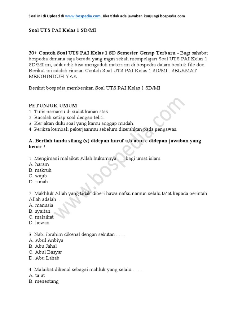 30+ Contoh Soal Uts Pai Kelas 1 SD Mi 2 | PDF