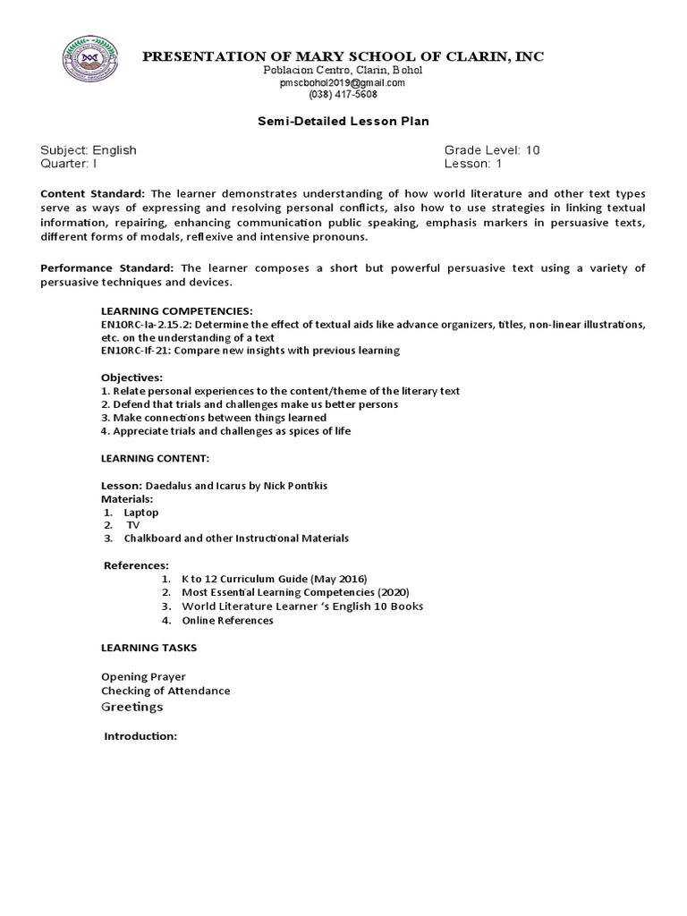 LP English 10 Lesson Q1 | PDF | Learning | Lesson Plan