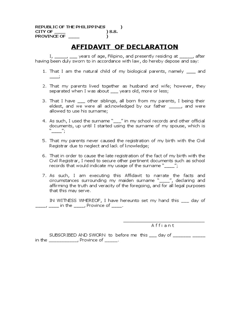 AFFIDAVIT OF DECLARATION Middle Name Draft | PDF | Law | Wellness