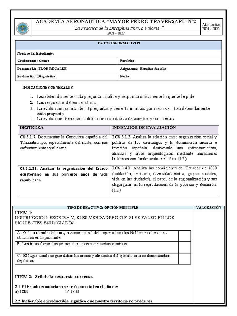PRUEBA DE DIAGNOSTICO 8vo EESS | PDF | Imperio Inca | Ecuador
