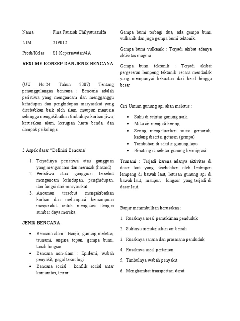 (Resume) Konsep Bencana & Jenis Bencana - FinaFauziahC (219012) | PDF