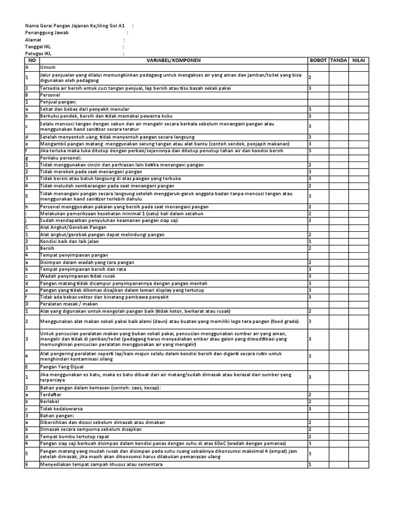 Soal - Inspeksi - Sanitasi - Gerai Pangan Jajanan Keliling - Gol A1 - 20220815 | PDF