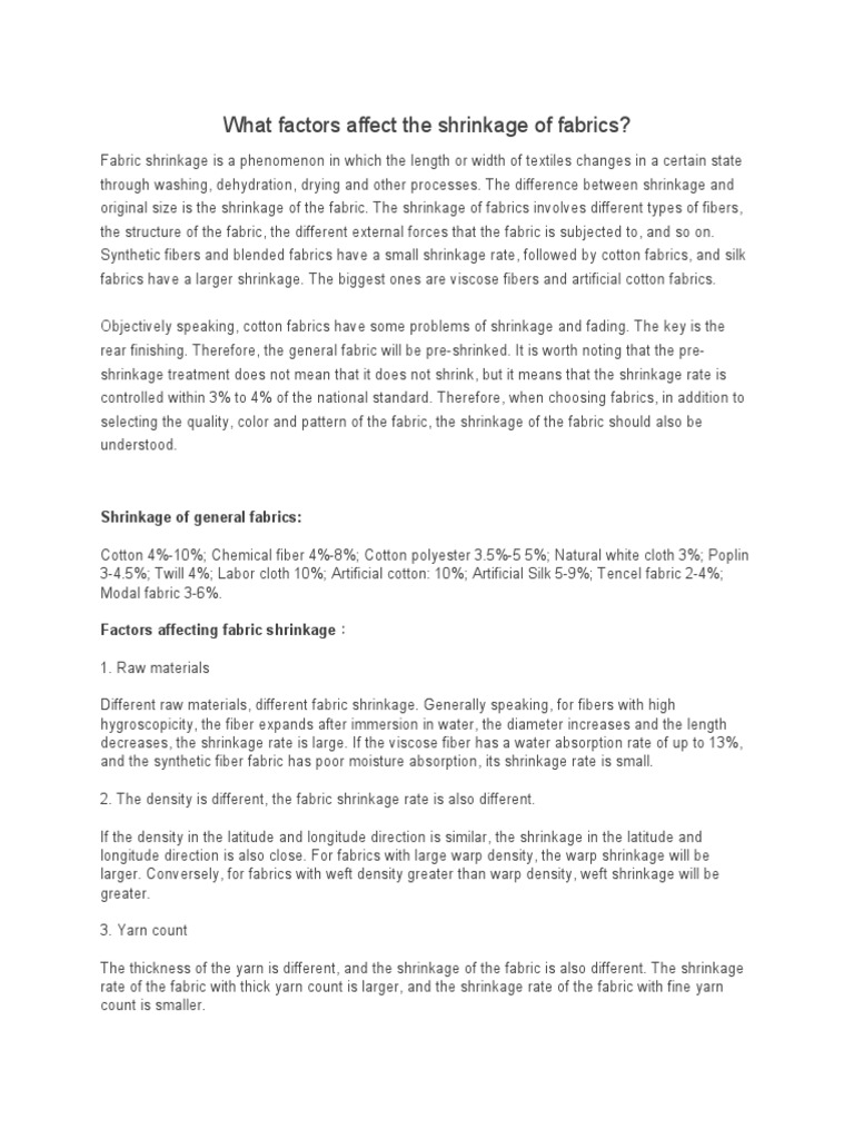 Factors Affecting Fabric Shrinkage | PDF | Textiles | Yarn