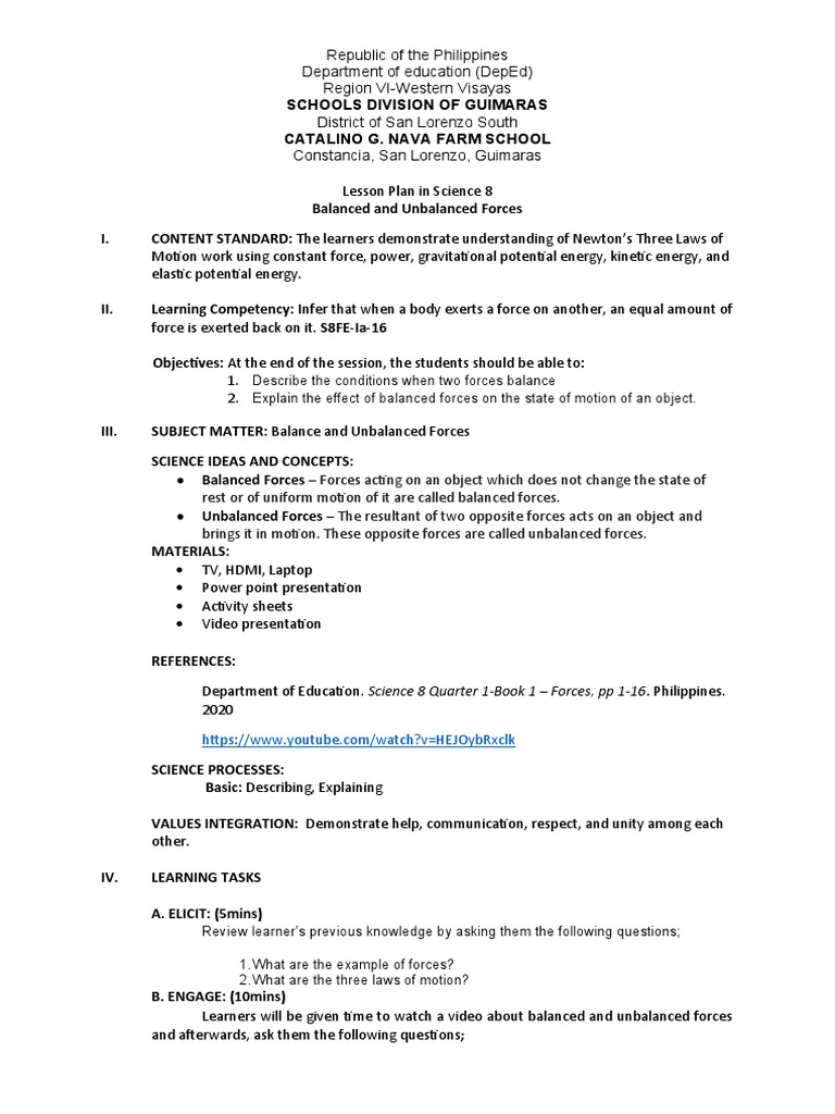 Balanced and Unbalanced Forces Lesson Plan | PDF | Force | Newton's ...