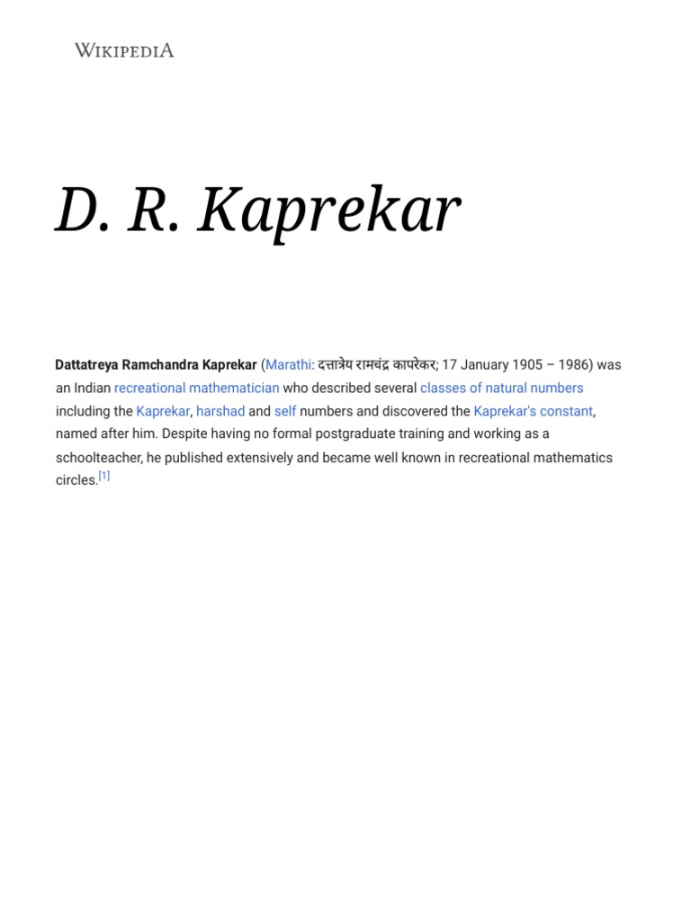 D. R. Kaprekar - Wikipedia | PDF | Discrete Mathematics | Mathematical ...