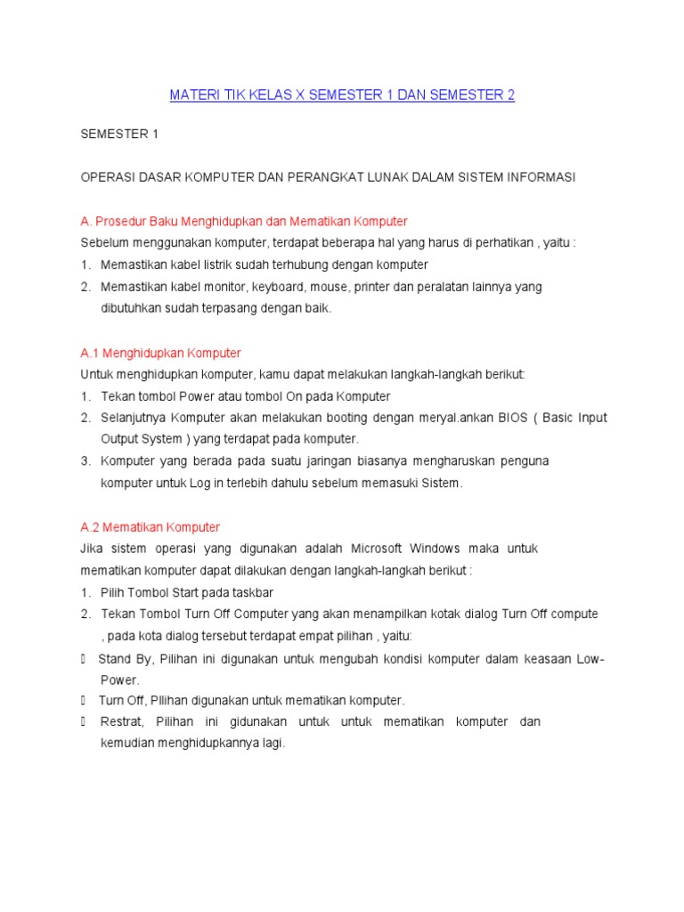 Materi Tik Kelas X Semester 1 Dan Semester 2 | PDF | Komputer