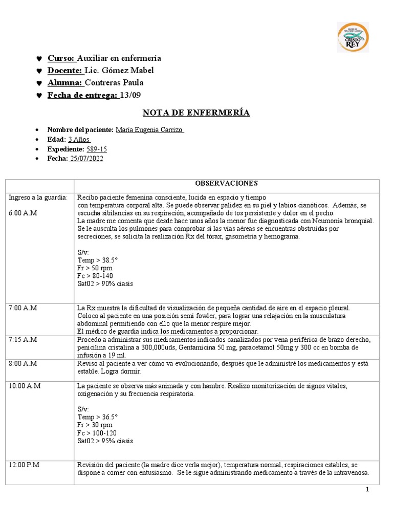 Nota de Enfermeria | PDF | Medicina CLINICA | Especialidades Medicas