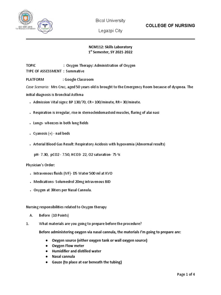 Oxygen Therapy Activity | PDF | Oxygen | Respiratory System